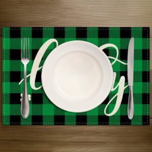 St. Patrick's Day Placemat Buffalo Plaid Place Mats for Dining Table Shamrock Clover Truck Lucky Blessed Charm Holiday Rustic Washable Table Mat for St. Patrick's Day Party Home Decorations Supplies