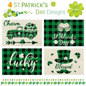 St. Patrick's Day Placemat Buffalo Plaid Place Mats for Dining Table Shamrock Clover Truck Lucky Blessed Charm Holiday Rustic Washable Table Mat for St. Patrick's Day Party Home Decorations Supplies