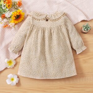 OPAWO Toddler Baby Girl Long Sleeve Dress Flutter Ruffle Pom Pom Neck Corduroy Fall Winter Dresses for 1-4 Years(Beige,2-3 Years)