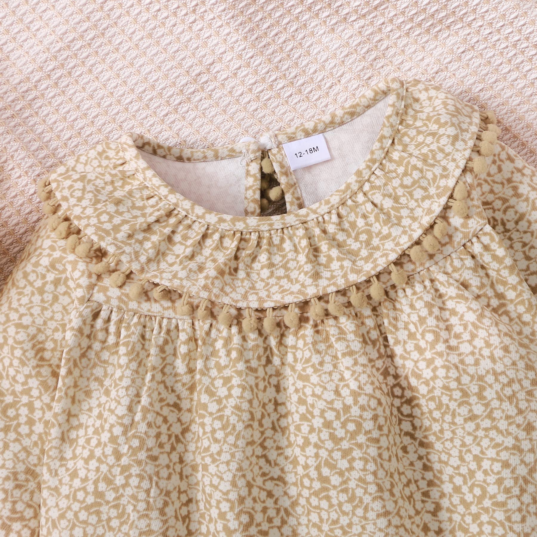 OPAWO Toddler Baby Girl Long Sleeve Dress Flutter Ruffle Pom Pom Neck Corduroy Fall Winter Dresses for 1-4 Years(Beige,2-3 Years)