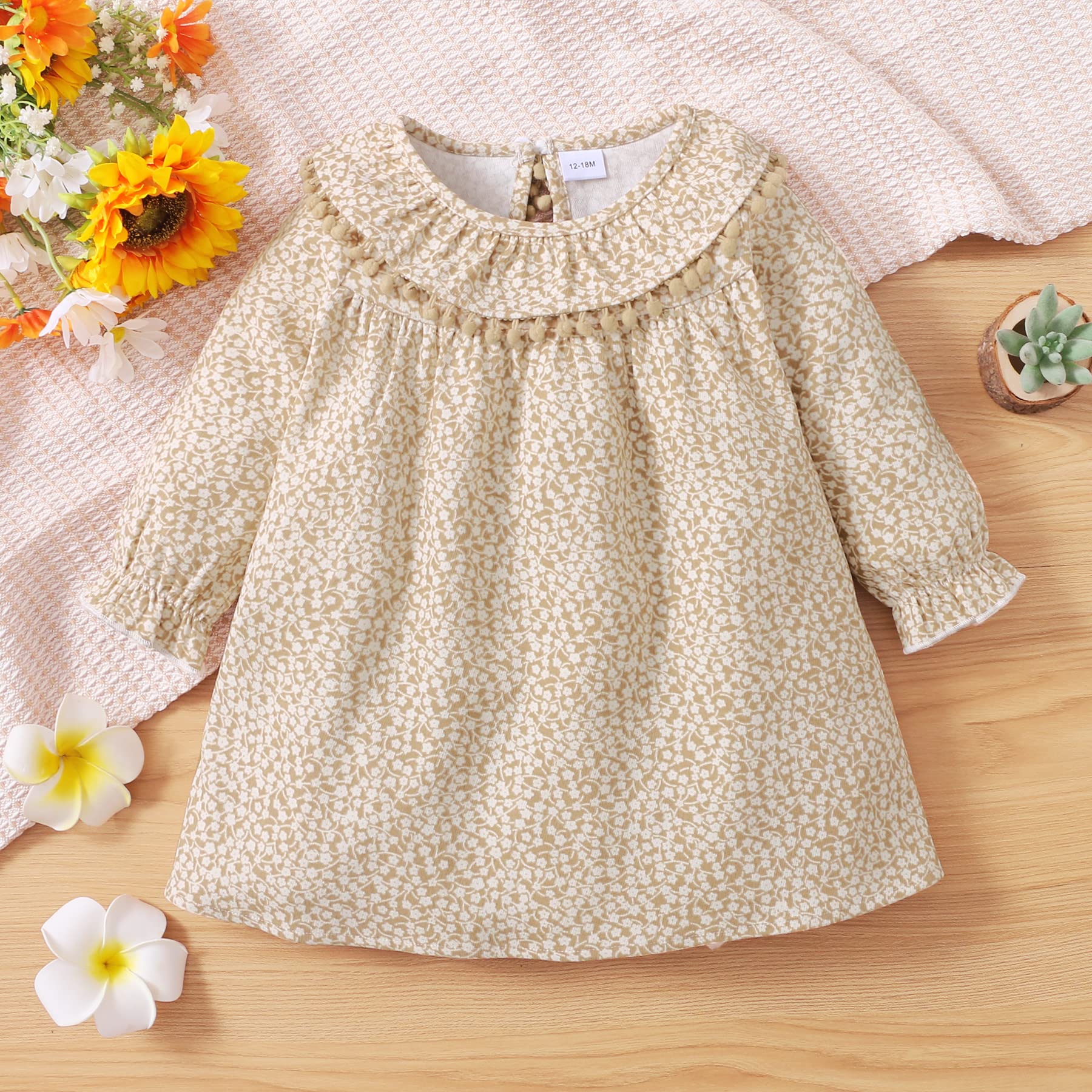 OPAWO Toddler Baby Girl Long Sleeve Dress Flutter Ruffle Pom Pom Neck Corduroy Fall Winter Dresses for 1-4 Years(Beige,2-3 Years)