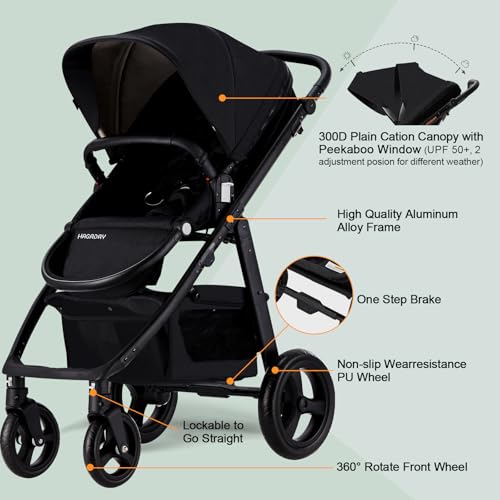 Baby Stroller, 2 in 1 Convertible Stroller with Bassinet Mode, Newborn Pram Stroller, Infant Stroller with Reversible Seat for Toddler, Adjustable Canopy and Footrest, Easy Fold (Black)