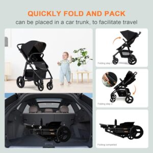 Baby Stroller, 2 in 1 Convertible Stroller with Bassinet Mode, Newborn Pram Stroller, Infant Stroller with Reversible Seat for Toddler, Adjustable Canopy and Footrest, Easy Fold (Black)