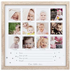 1dino my first year baby keepsake picture frame - 13.2"x 13.2" rustic wood baby frame hold 12 months photo inserts - newborn baby registry, shower gift for boys and girls, wall or desk nursery decor