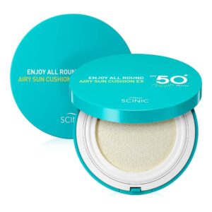 scinic enjoy all round airy sun cushion ex spf50+pa++++0.88oz (25g) | cooling uv protection & natural tone-up from face to body for all family members | korean skincare