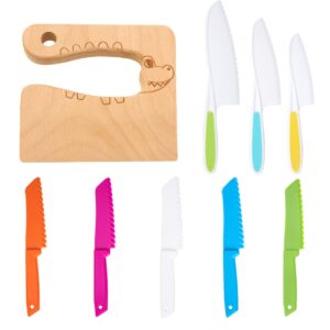 godkider 9 pcs kids knife set, kid safe knives for real cooking, montessori kitchen tools for toddlers include wooden toddler kitchen knife & plastic serrated edges children knives, crocodile