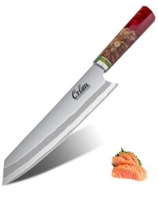 orlan kiritsuke chef knife - 8 inch - professional kitchen knife - hand forged 67 layers - japanese 440c stainless steel - damascus blade - with sheath & case - darkred