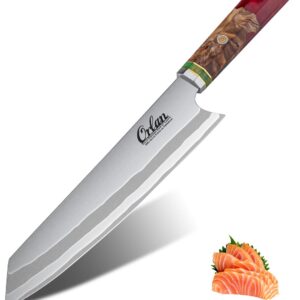 Orlan Kiritsuke Chef Knife - 8 inch - Professional Kitchen Knife - Hand Forged 67 Layers - Japanese 440C Stainless Steel - Damascus Blade - with Sheath & Case - DarkRed