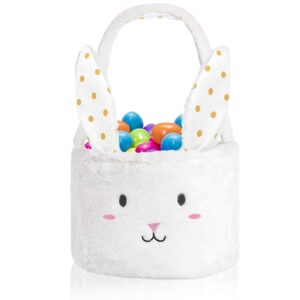 easter basket for toddlers babies, cute fluffy bunny basket with foldable ears, easter baskets bags for easter egg hunts, plush personalized easter basket empty for kids girls boys gifts, white