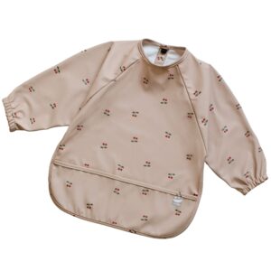 long sleeve bib, baby toddler bib, 6-24 months, waterproof mess-proof fabric, art smock, catch-all pocket, feeding bib (light brown cherries)