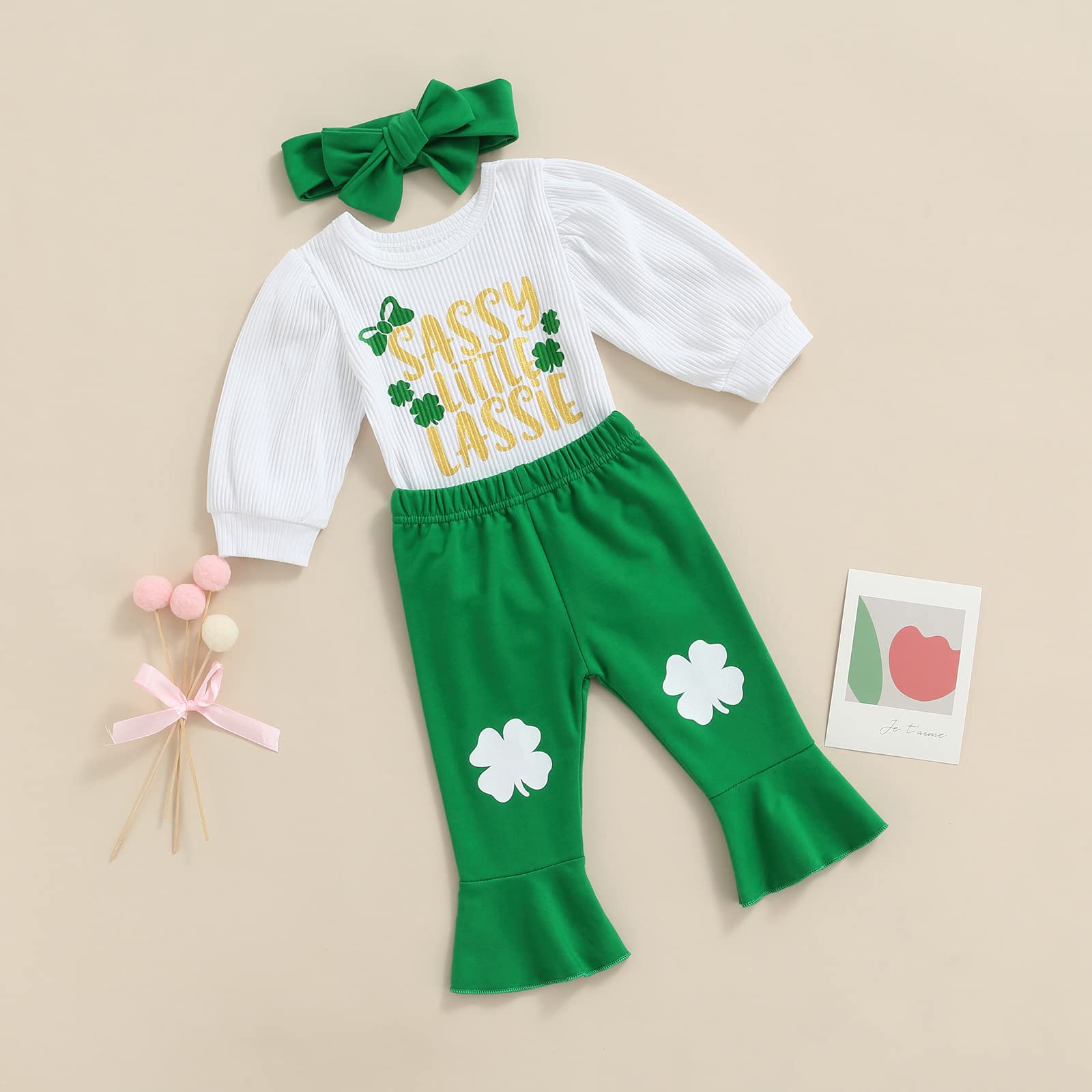 Comeonze My First St. Patrick's Day Newborn Baby Girl Outfits 3Pcs Clover Print Lantern Sleeve Romper Flared Pants Headband (green,0-3 months)