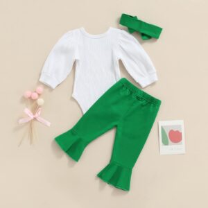 Comeonze My First St. Patrick's Day Newborn Baby Girl Outfits 3Pcs Clover Print Lantern Sleeve Romper Flared Pants Headband (green,0-3 months)