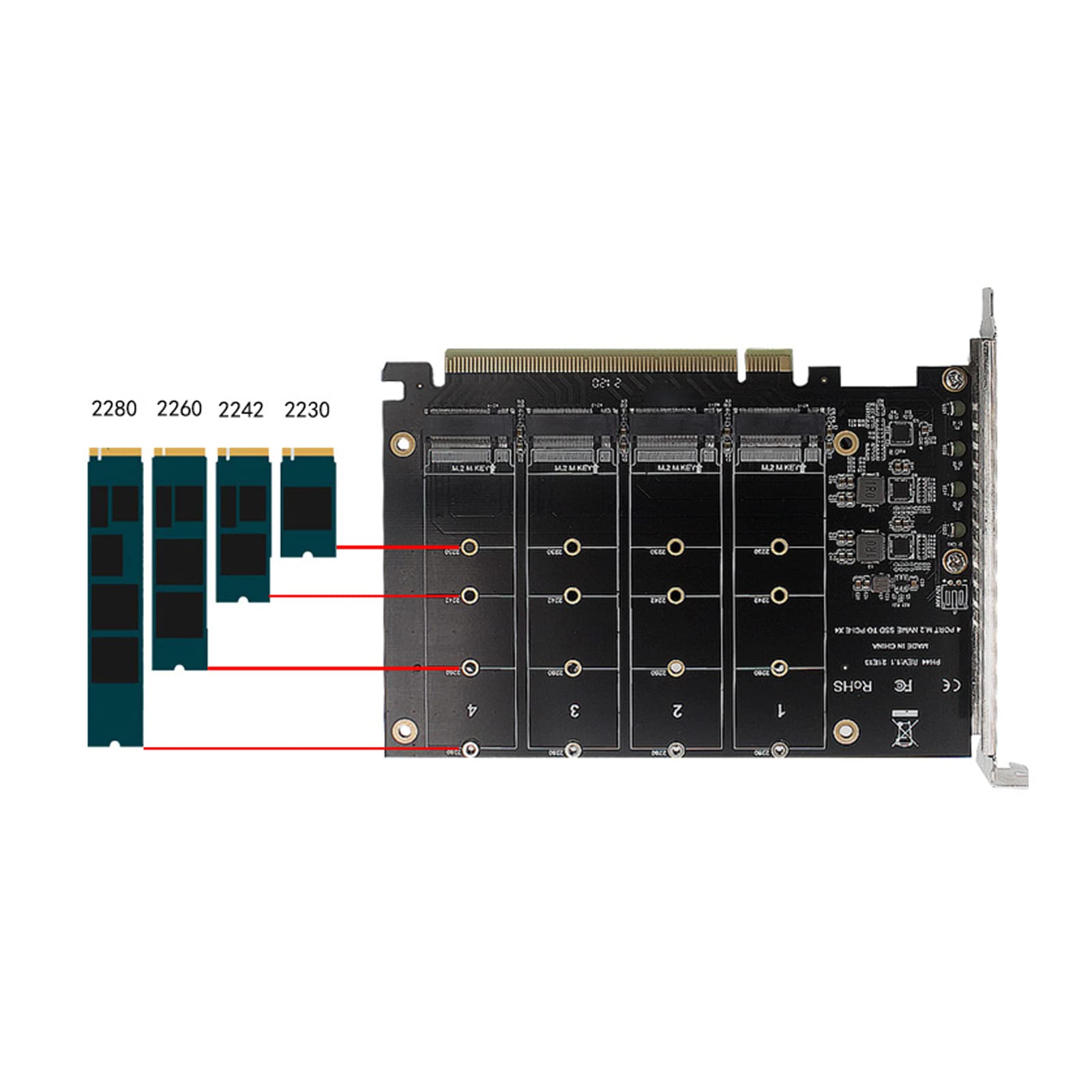 4 Port NVMe to PCI-e Host Controller Expansion Card, Support 2230 2242 2260 2280?M.2 NVME to PCIe X16 Adapter, M Key Hard Drive Converter Reader Expansion Card