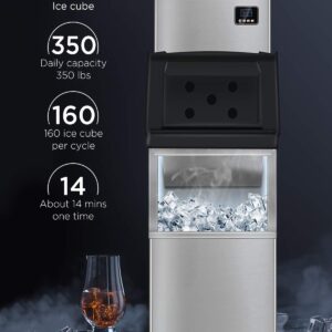 Watoor Commercial Ice Machine Stainless Steel Industrial Ice Machine ETL Approved 350LBS/24H with 200LBS Bin, Full Clear Cube, Professional Refrigeration Equipment