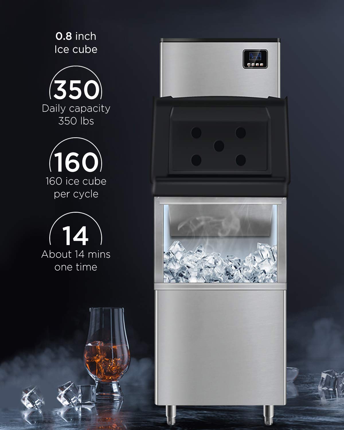 Watoor Commercial Ice Machine Stainless Steel Industrial Ice Machine ETL Approved 350LBS/24H with 200LBS Bin, Full Clear Cube, Professional Refrigeration Equipment