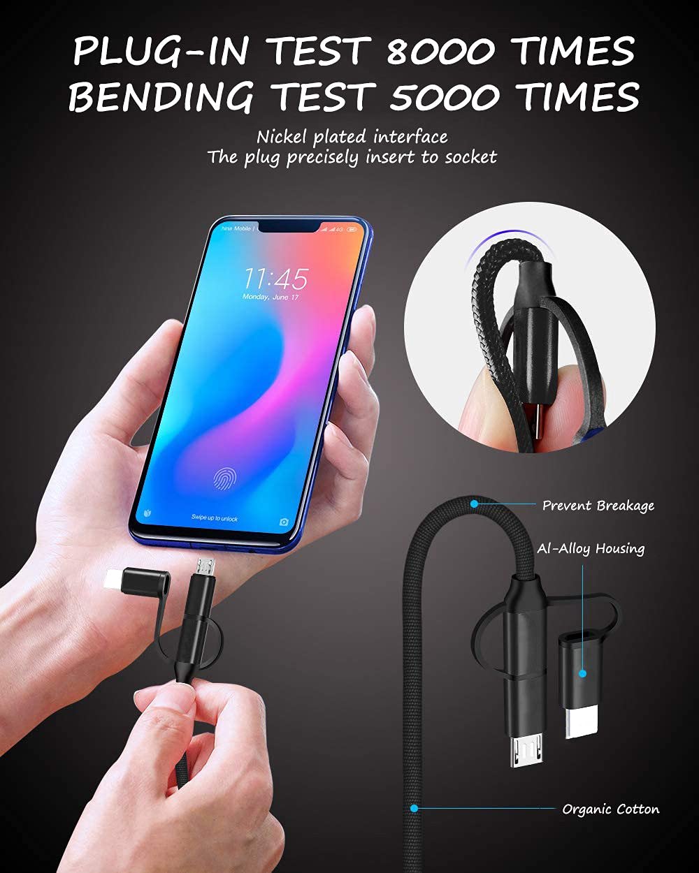 OUGIC USB C Multi Charging Cable (3ft), 5-in-1 PD 60W & QC3.0 20W, USB A/C to Type C/Phone/Micro USB, Compatible with Galaxy S21 Fold3 and More - Nylon Braided 1M