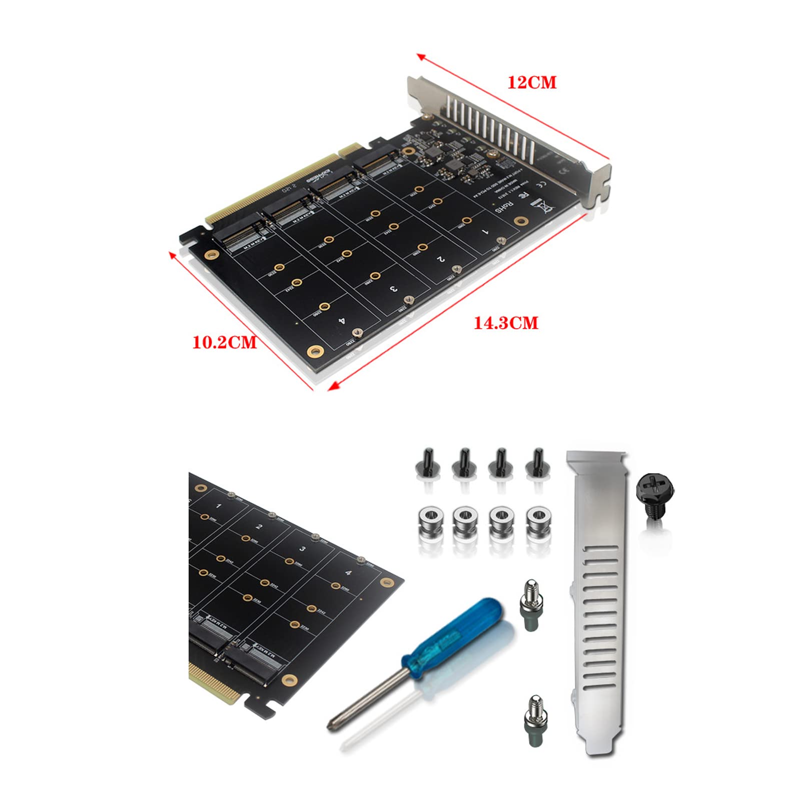 4 Port NVMe to PCI-e Host Controller Expansion Card, Support 2230 2242 2260 2280?M.2 NVME to PCIe X16 Adapter, M Key Hard Drive Converter Reader Expansion Card