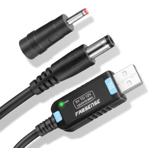 farsense usb dc 5v to 12v step up power cable(3ft), usb to dc 12v adapter with dc jack 5.5 x 2.5mm(3.5 x 1.35mm), usb boost converter supports led indicator