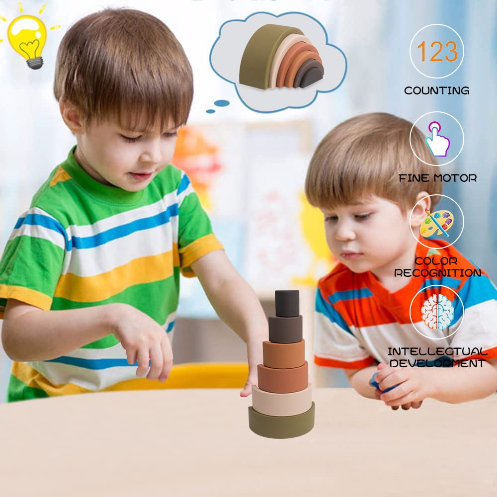 TOYHDAYO Rainbow Stacker 6PC Early Childhood Montessori Toys Nesting Puzzle Building Blocks Silicone Stacking Toys Educational Toys, Green Series