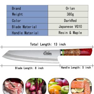 Orlan Kiritsuke Chef Knife - 8 inch - Professional Kitchen Knife - Hand Forged 67 Layers - Japanese 440C Stainless Steel - Damascus Blade - with Sheath & Case - DarkRed