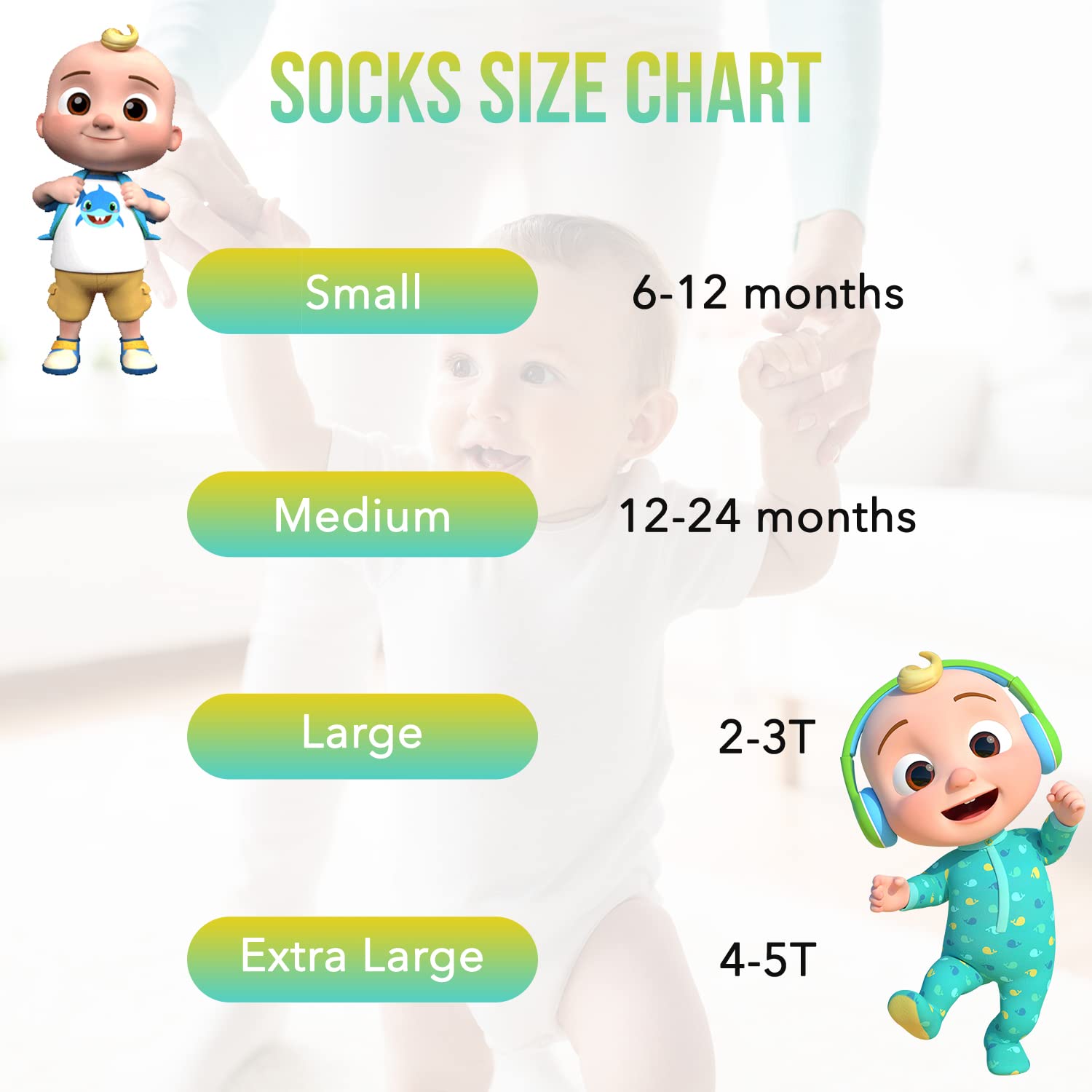 Accessory Supply Cocomelon Socks, 10-Pack Kids Socks for 6-24 Months & 2T-5T, Socks with Grips for Kids