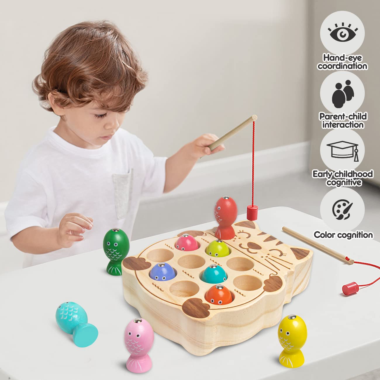 Magnetic Fishing Game,Wooden Montessori Magnetic Fishing Toys for Toddlers,Preschool Education Learning Hand-Eye Cognition & Fine Motor Skill Birthday Gifts for 3 4 5 Years Old Kids Boys Girls