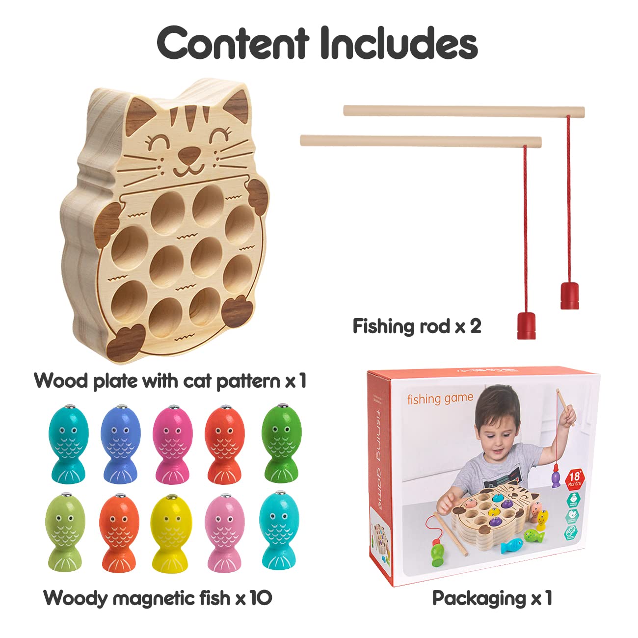 Magnetic Fishing Game,Wooden Montessori Magnetic Fishing Toys for Toddlers,Preschool Education Learning Hand-Eye Cognition & Fine Motor Skill Birthday Gifts for 3 4 5 Years Old Kids Boys Girls