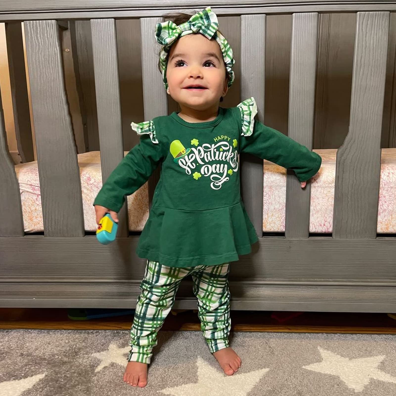 HINTINA Infant Baby Girls St. Saint Patrick's Paddys Day Outfit Ruffle Long Sleeve Clover Shamrock Clothes Set 6-12 Months