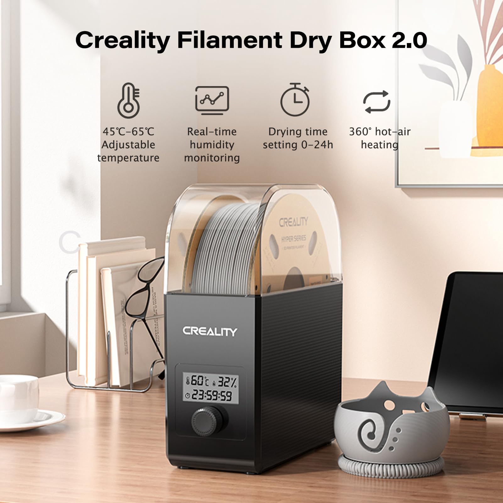 Creality Filament Dryer Box 2.0 Dehydrator Storage Drier Machine with 24h Timer Adjustable 45-65℃ Filament Spool Holder Keep Materials Dry During 3D Printing for 1.75/2.85/3.0 PLA,PETG,ABS,TPU