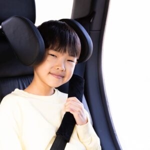 Gekko and Co. Car Headrest Neck Support Pillow Bundled with Padded Seat Belt Cover — Premium Adjustable Travel Pillows for Head, Shoulder, and Back Pain to Support Kids, Toddler, or Adult (Black)