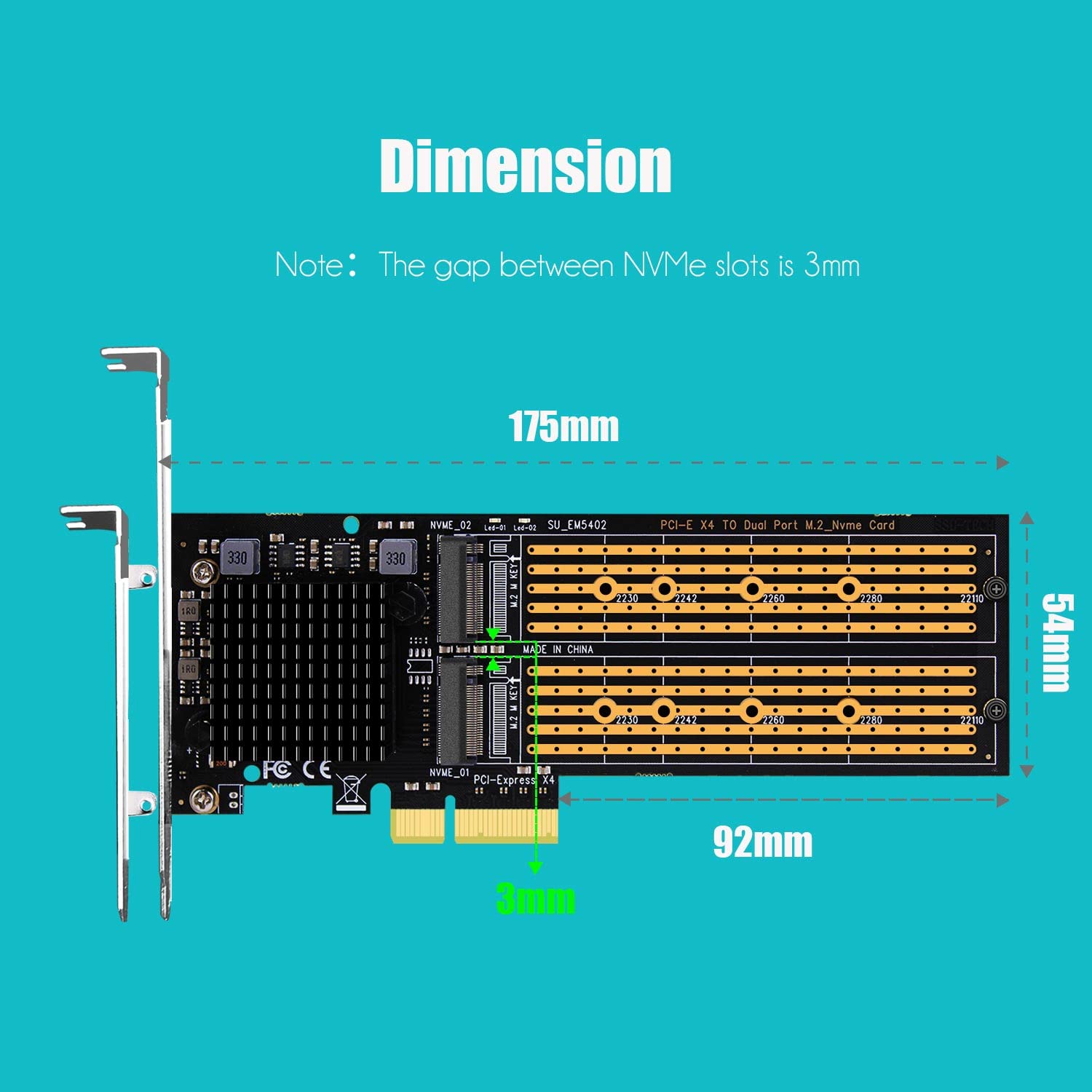 GLOTRENDS PA20 Dual M.2 NVMe to PCIe 3.0 X4 Adapter with PCIe Bifurcation Function, Support 22110/2280/2260/2242/2230 Size