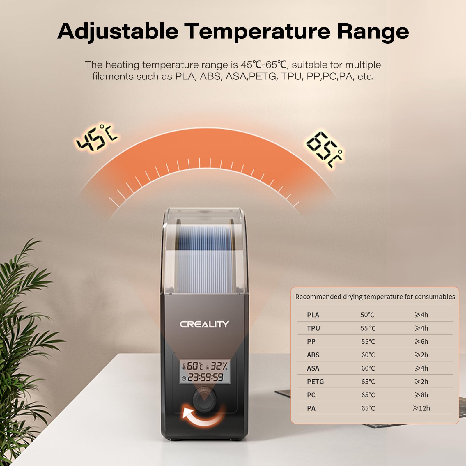 Creality Filament Dryer Box 2.0 Dehydrator Storage Drier Machine with 24h Timer Adjustable 45-65℃ Filament Spool Holder Keep Materials Dry During 3D Printing for 1.75/2.85/3.0 PLA,PETG,ABS,TPU