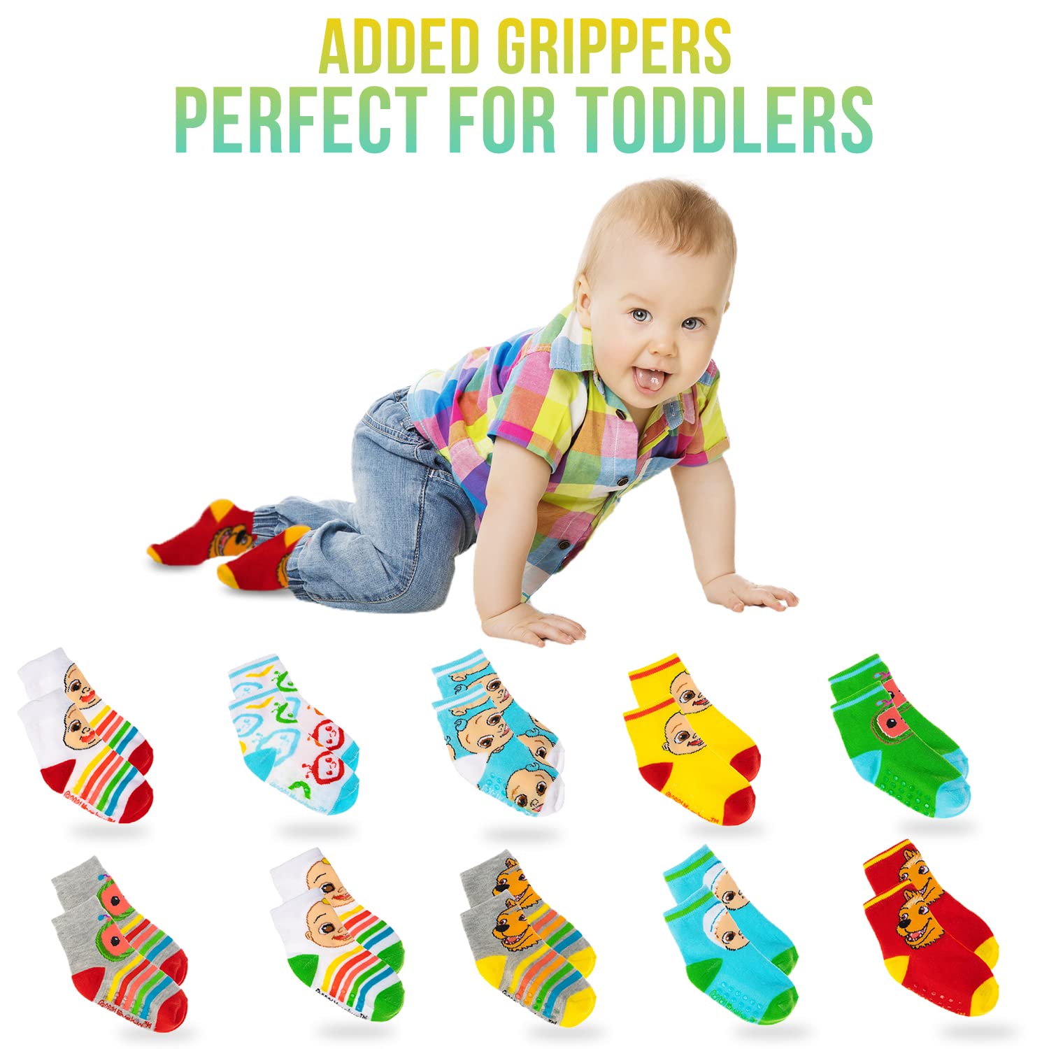 Accessory Supply Cocomelon Socks, 10-Pack Kids Socks for 6-24 Months & 2T-5T, Socks with Grips for Kids