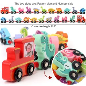 BESTAMTOY Wooden Colorful Dinosaur Number Train Toys Matching Sequencing Games Recognition Educational Learning Counting Set Building Blocks Kit