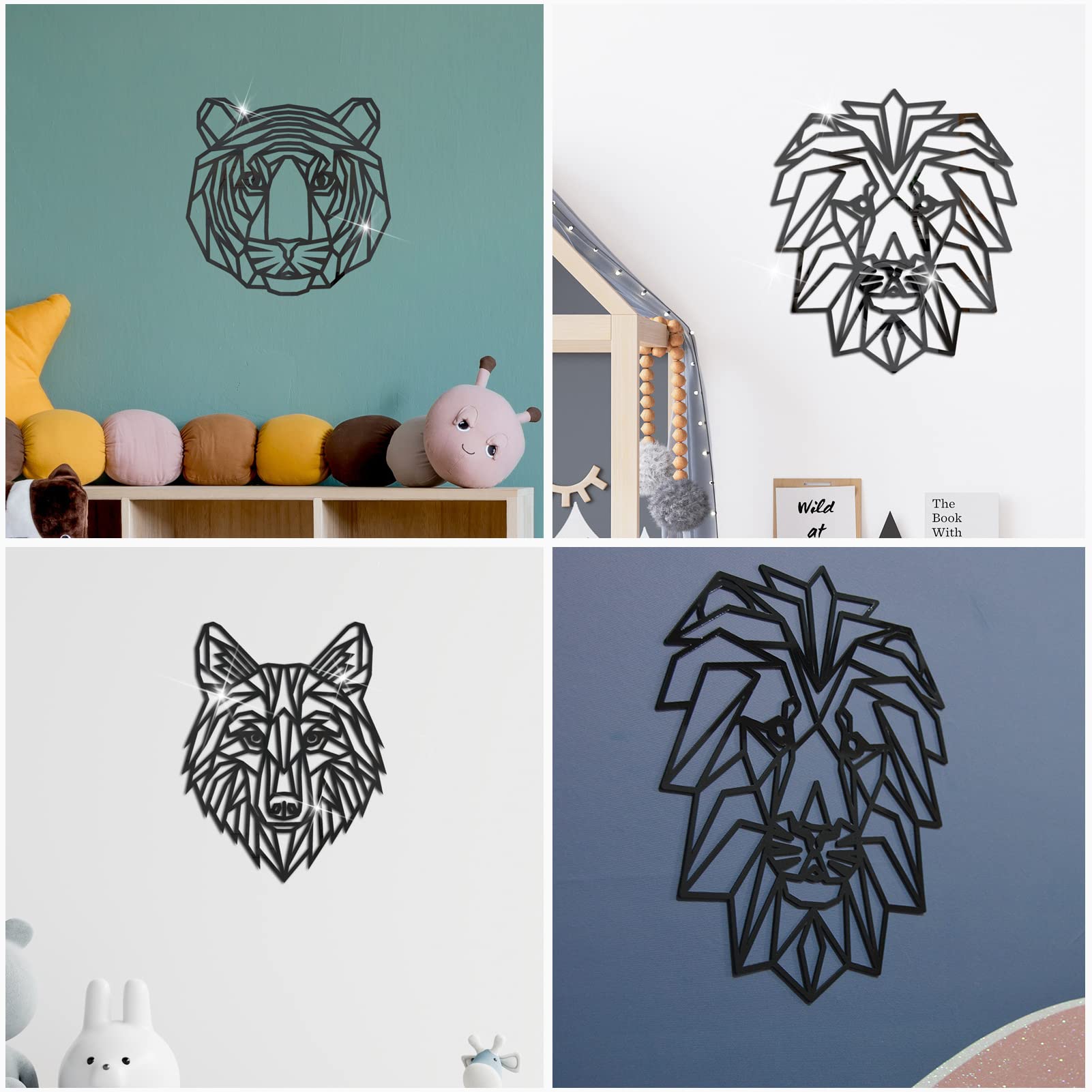 3 Pieces Geometric Safari Nursery Decor- 3D Acrylic Animal Wall Art- Modern Living Room Wall Decor Stickers- Lion Tiger Fox Jungle Theme Wall Decal