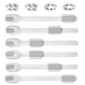 easy to install nitems cabinet locks for babies with adhesive for kitchen cupboard doors, fridge, toilet seat, improved child safety, no trapped fingers- 6pack-4 extra 3m (22cm strap length, 6.00)