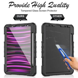 iPad Pro 12.9-inch 6th/5th/4th Generation Case 2022/2021/2020 [with Tempered Glass Screen Protector], BASE MALL Full-Body Protective Case, Pencil Holder,Rotating Kickstand, Hand/Shoulder Strap (Black)