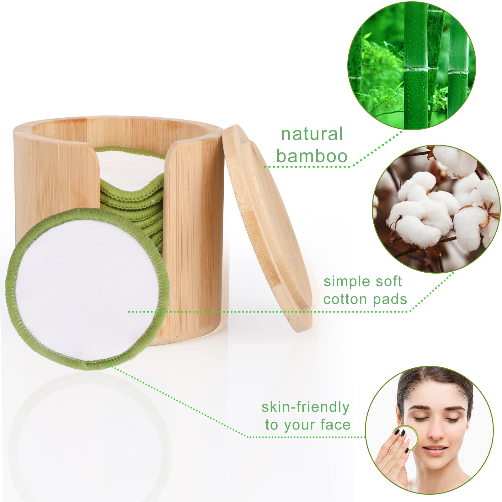 UNIMEIX 16 Pack Reusable Makeup Remover Pads Bamboo Reusable Cotton Rounds Organic Cotton Pads for Face Facial Cleansing Wipes with Washable Laundry Bag and Bamboo Holder