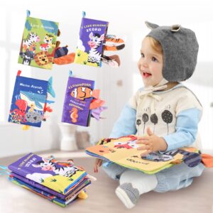 Ailiserno Cloth Books Toy 4 Set -- Sensory Touch Learning Shower with Crinkle Cloth Book for Baby and Toddlers