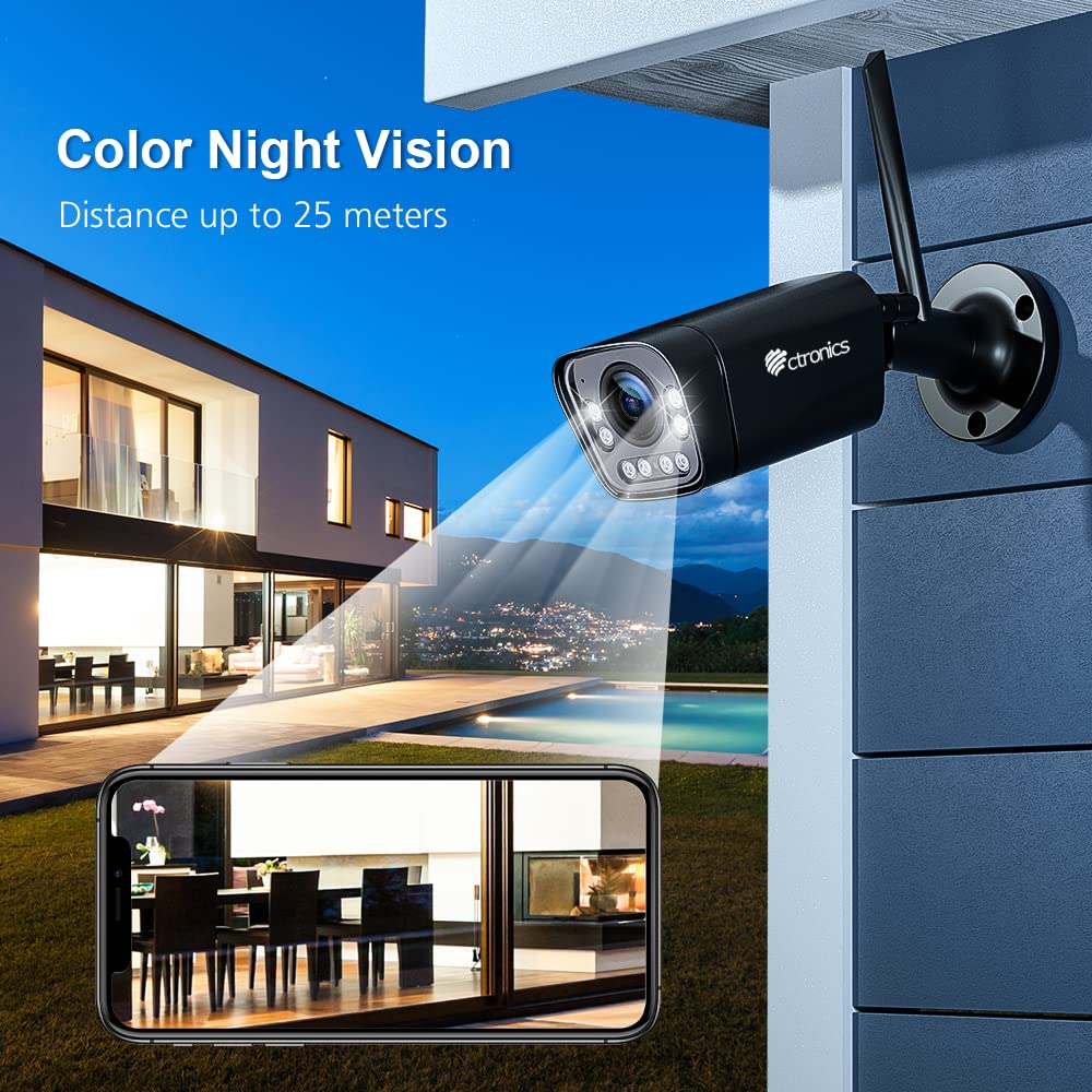 Ctronics 4K 8MP Security Camera Outdoor WiFi with 25M Color Night Vision, CCTV Camera Surveillance Camera Home Security with Human Detection, Two-Way Audio, IP66 Waterproof, SD Card Storage, Black