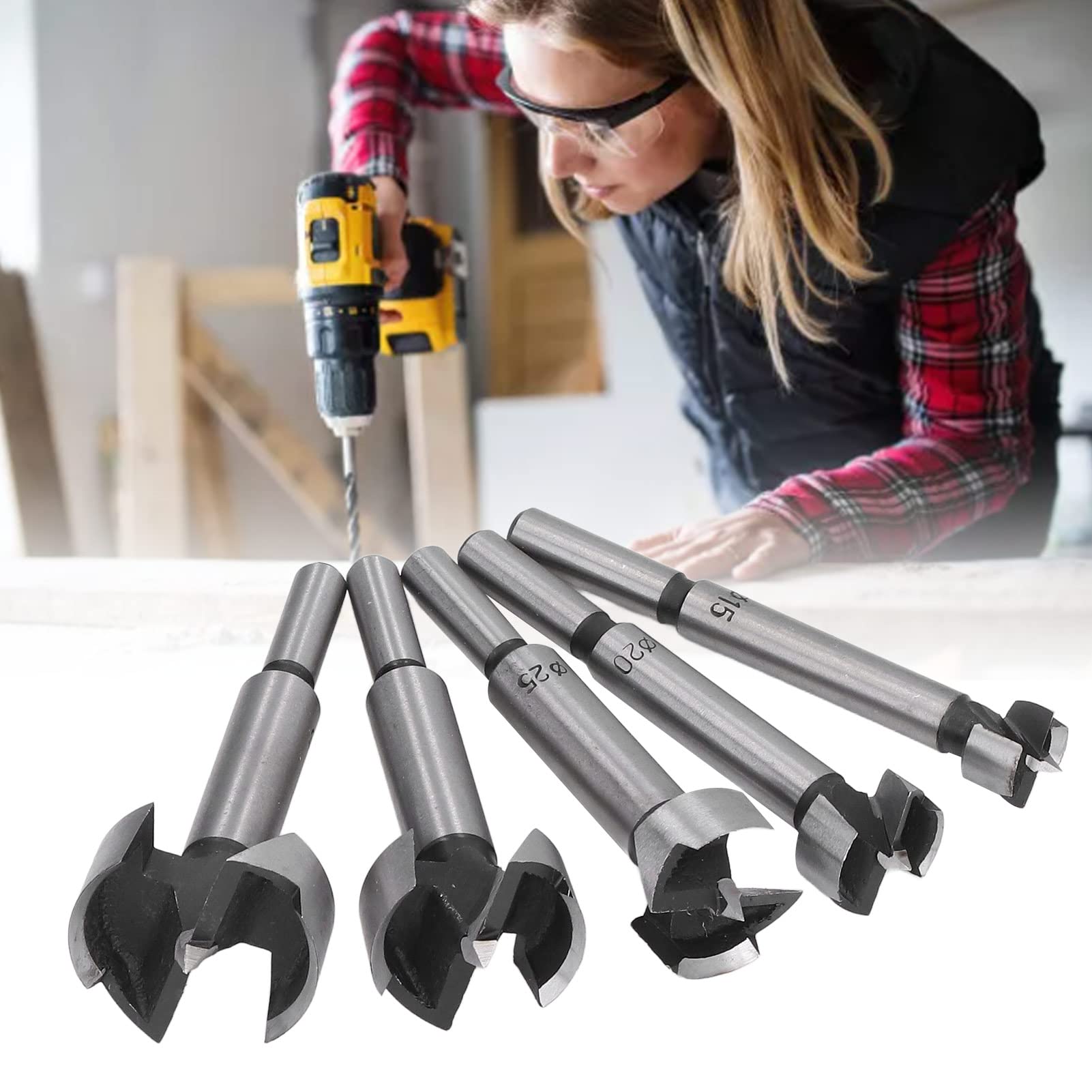 Drill Bit Set, 5Pcs Professional High Speed Carbon Steel Bits, 15mm 20mm 25mm 30mm 35mm Bit Set for Wood Drilling Holes