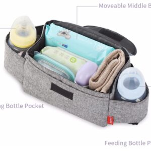 Universal Stroller Caddy, Stroller Organizer Featuring 6 Built-In Pockets, Adjustable Straps To Fit Nearly Any Stroller Active (Gray)