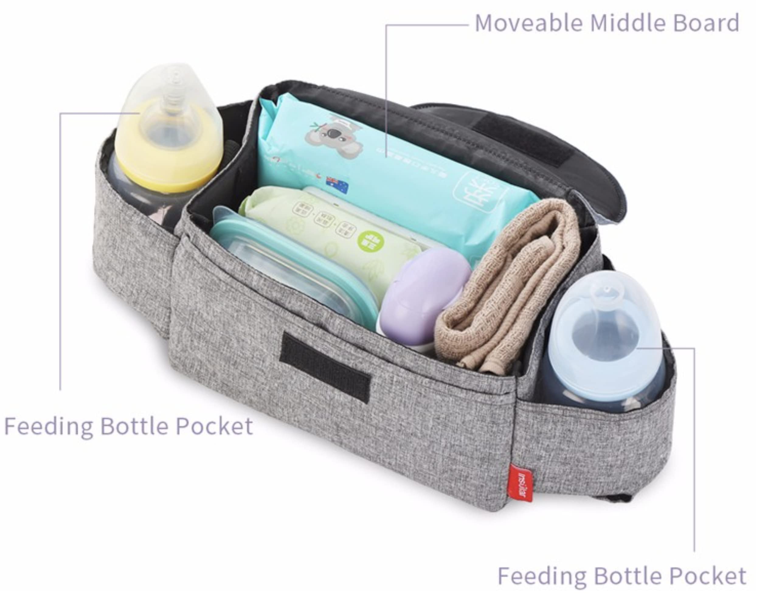 Universal Stroller Caddy, Stroller Organizer Featuring 6 Built-In Pockets, Adjustable Straps To Fit Nearly Any Stroller Active (Gray)