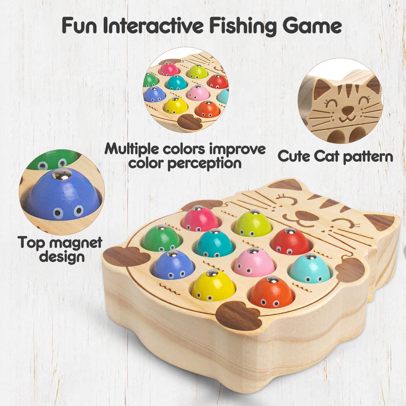 Magnetic Fishing Game,Wooden Montessori Magnetic Fishing Toys for Toddlers,Preschool Education Learning Hand-Eye Cognition & Fine Motor Skill Birthday Gifts for 3 4 5 Years Old Kids Boys Girls