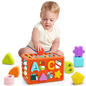 unih baby sensory bin toys for 1 year old boy girl, montessori baby shape sorter toy with textured blocks and abcs, early learning developmental gifts toys, baby toys 6 to 12-18 months