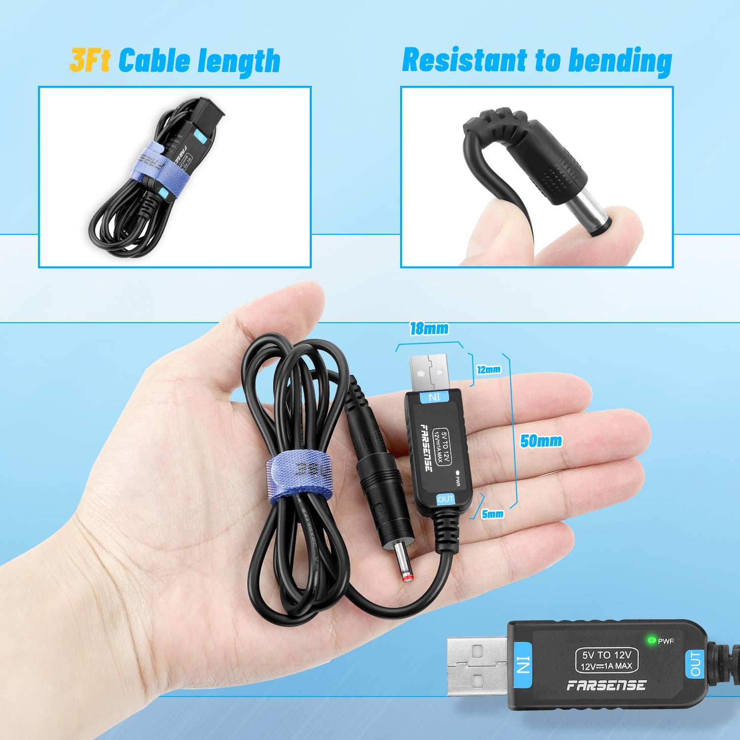 FARSENSE USB DC 5V to 12V Step Up Power Cable(3ft), USB to DC 12V Adapter with DC Jack 5.5 x 2.5mm(3.5 x 1.35mm), USB Boost Converter Supports LED Indicator