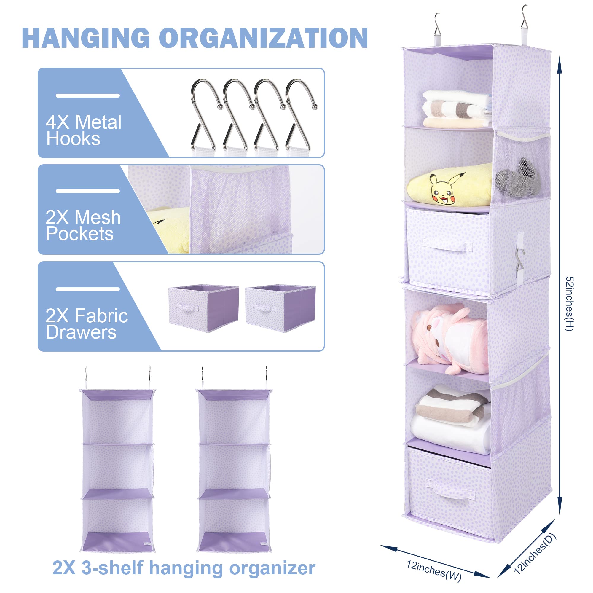 DAYDAYHOME Hanging Closet Organizer with Drawers, Two 3-Shelf Separable Closet Organizers and Storage, Nursery Hanging Storage Organizer for Closet,Child/Kids Room (Purple 6 Shelves)