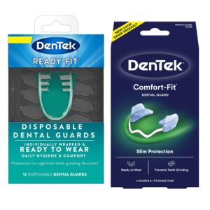 dentek, comfort-fit dental guard for nighttime teeth grinding, 2 count (packaging may vary) with dentek readyfit disposable dental guards bpa latex free, 12 count