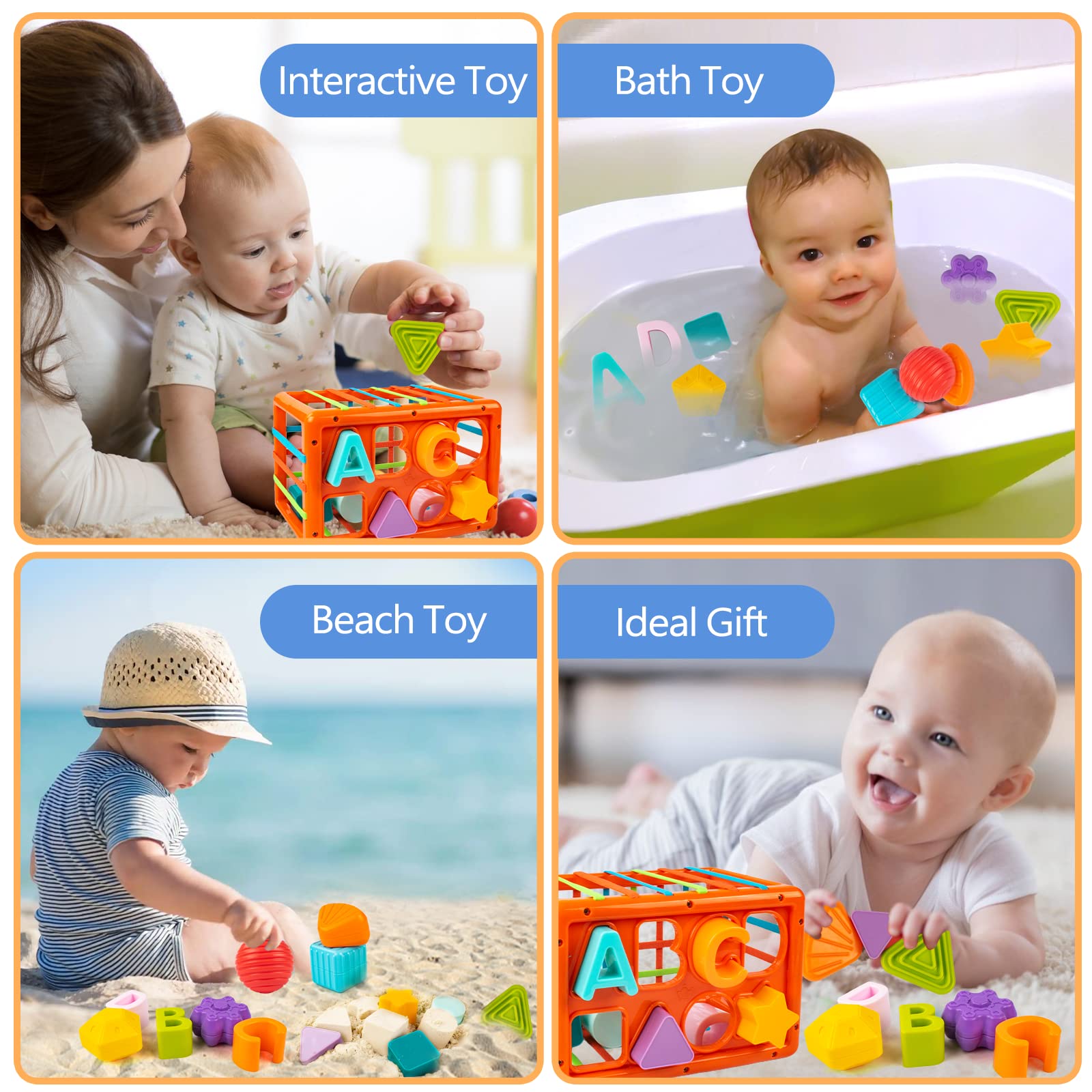 UNIH Baby Sensory Bin Toys for 1 Year Old Boy Girl, Montessori Baby Shape Sorter Toy with Textured Blocks and ABCs, Early Learning Developmental Gifts Toys, Baby Toys 6 to 12-18 Months