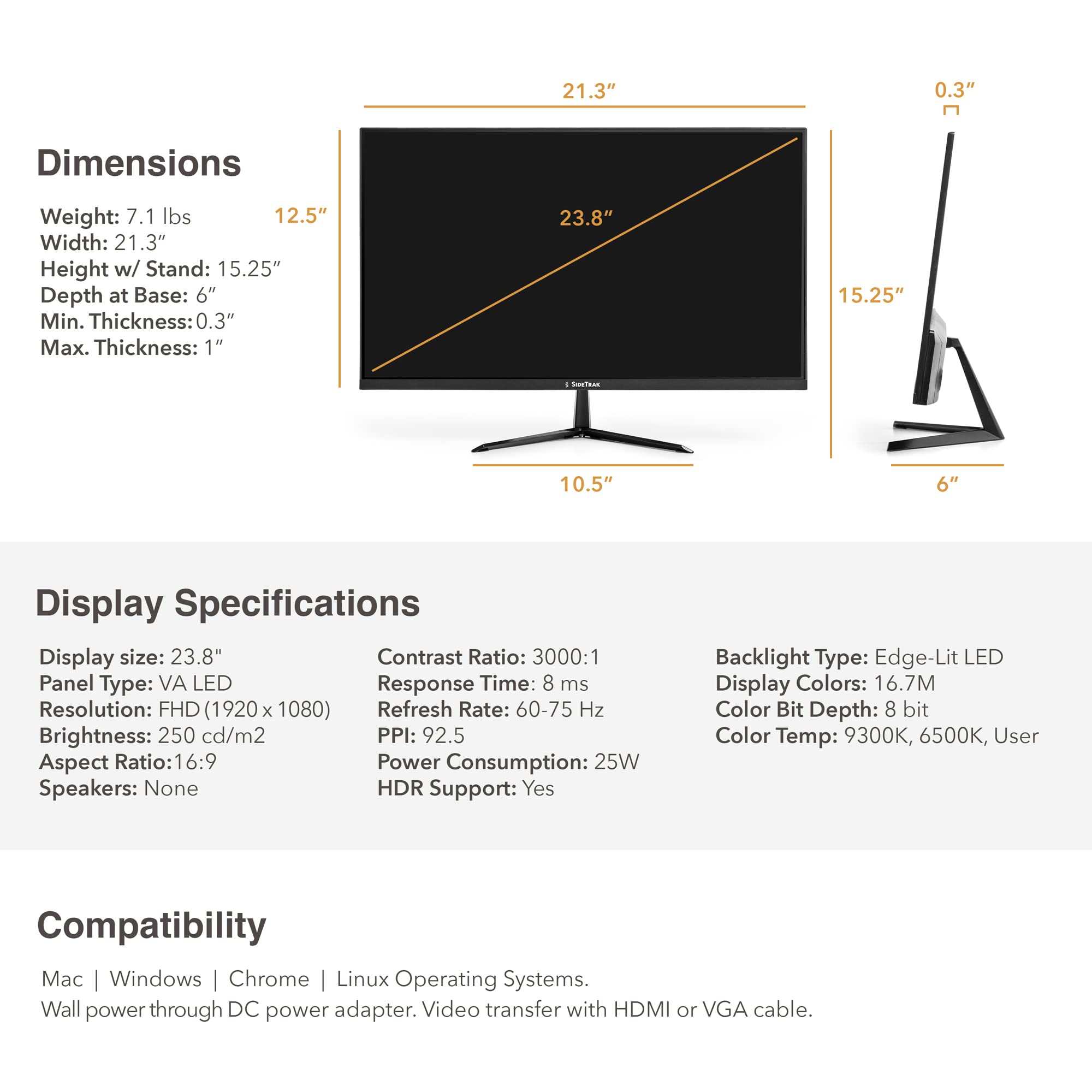 SideTrak Select Edgeless Desktop Computer Monitor 23.8” HD 1080p LED VA Matte Desktop Screen | 60-75Hz Refresh Rate | HDMI, VGA | Certified Blue Light Protection | Enhanced Color Vibrance